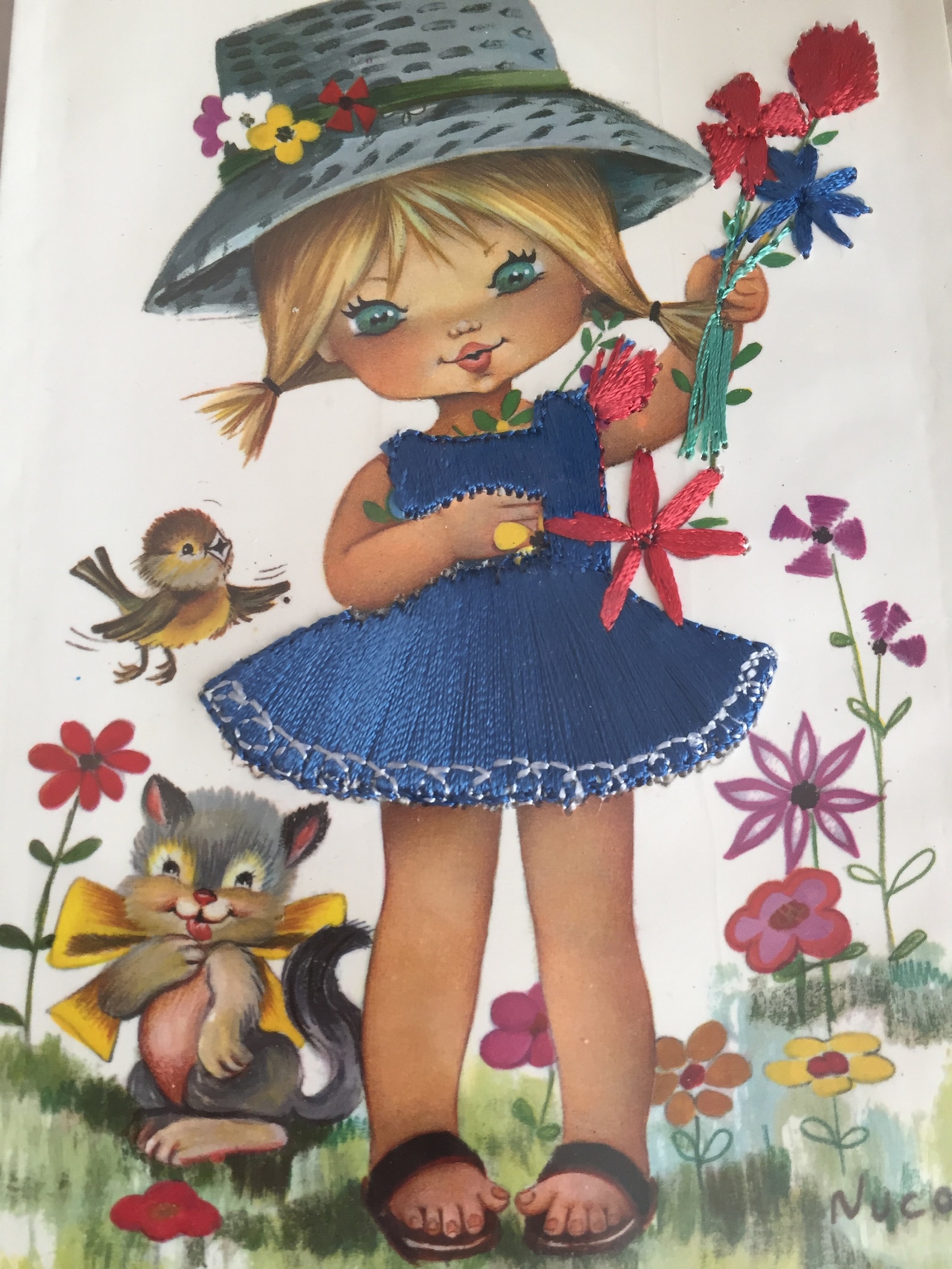 Vintage Single Silk Embroidered Postcard/ Girl With Flowers in Dress ...