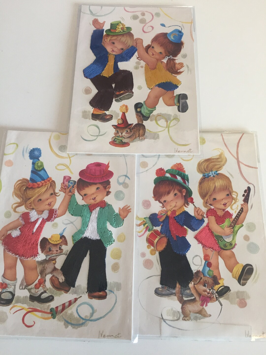 Vintage Trio Birthday Silk Postcards/ Dancing Children's Silk Embroidered Postcards/ Blank ...