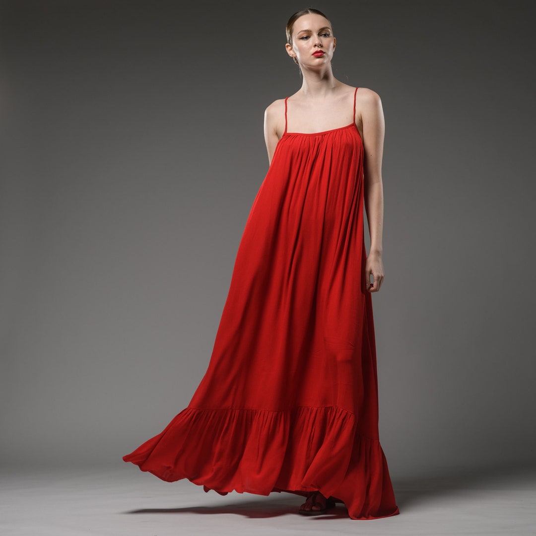 Elegant Red Sexy Maxi Dress Resort Wear Backless Dress Rayon Crepe Dress Spaghetti Strap Long