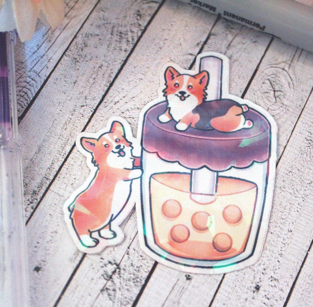 Corgi Bubble Tea Die Cut Sticker With Holographic Broken Glass Film - Etsy