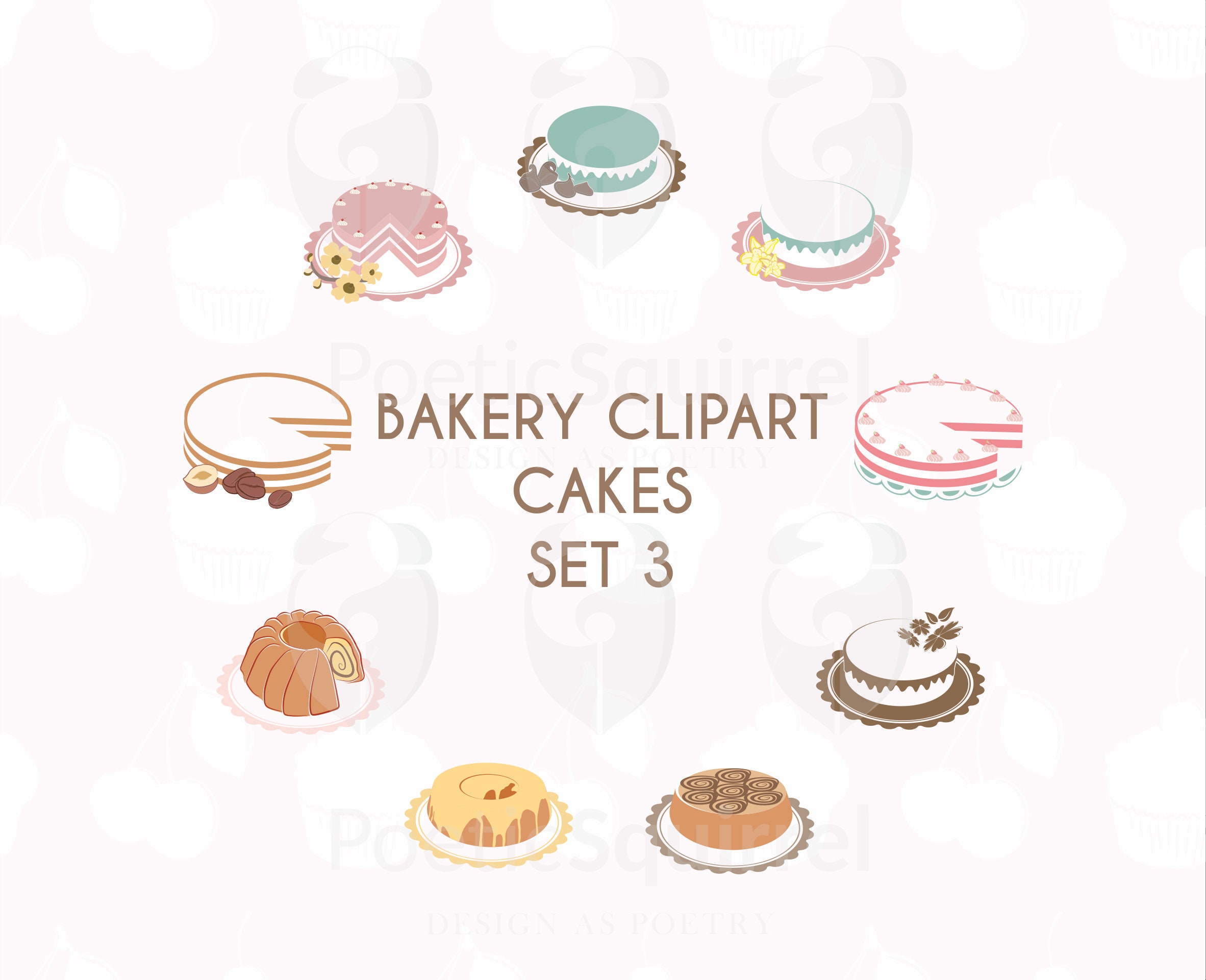 CAKES CLIPART FLAT lay images Handdrawn colorful png patterns Digital ...
