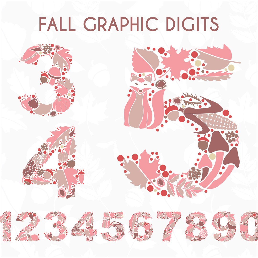Pink Leaves Graphic Design PNG Numbers. SVG Digits Fall Images Clip Art ...