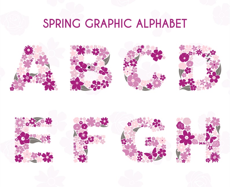 Floral Girl's Pastel Digital Alphabet Set. Pink and Purple Spring PNG ...