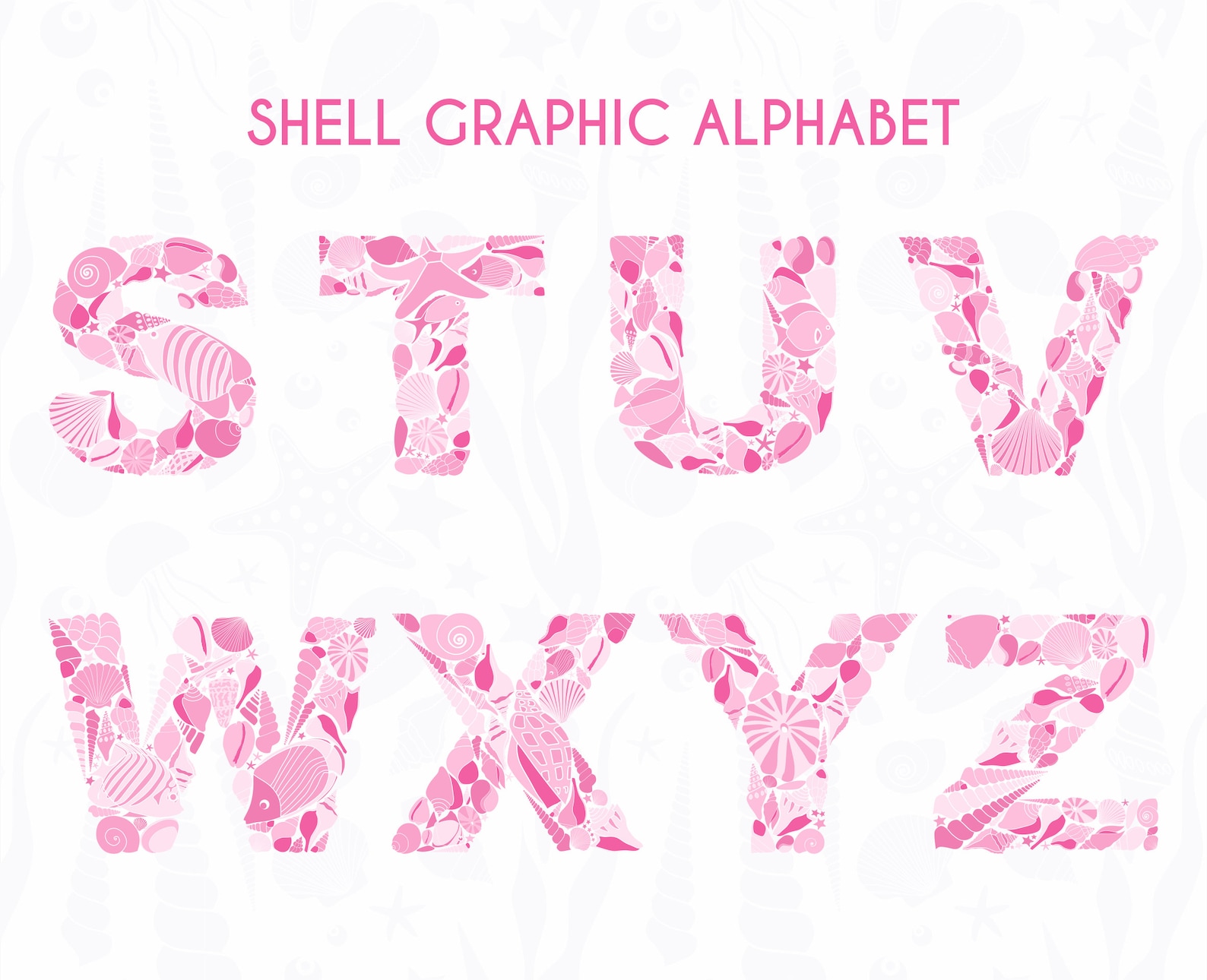 Seashell Clip Art Pink Alphabet. Cute Girls Sealife Digital Fonts ...
