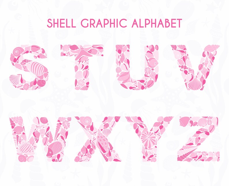 Seashell Clip Art Pink Alphabet. Cute Girls Sealife Digital Fonts ...