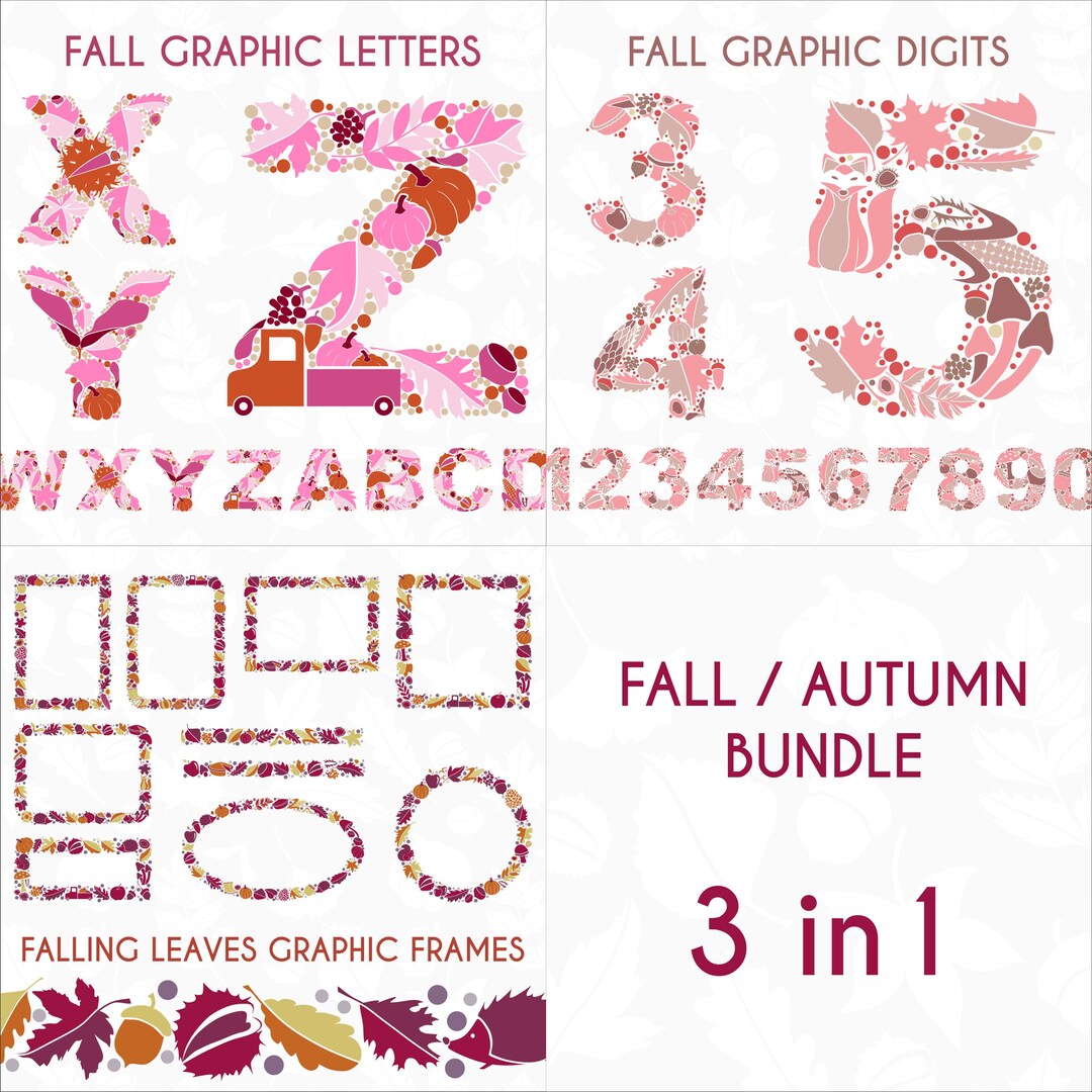 Fall Clipart Set Decoration. Autumn Frames, Alphabet, and Digits Bundle ...
