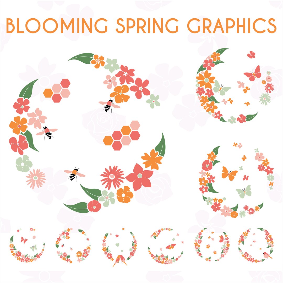 Spring Elements Clipart. Flowers, Bees, and Butterflies Graphic Circles ...