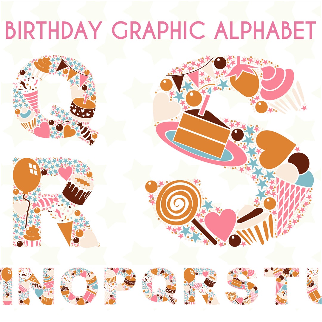 Festive Alphabet With Birthday Elements in Soft Pastels. Cute Birthday ...