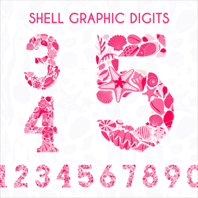 Decorated Girls Ocean Clipart Digits. Red Sealife Digital Numbers ...