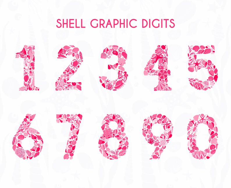 Decorated Girls Ocean Clipart Digits. Red Sealife Digital Numbers ...