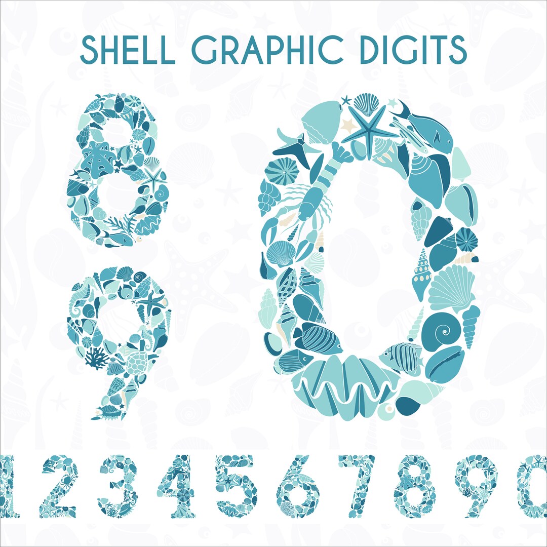 Seashells SVG Turquoise Digits Graphic Set. Ocean-themed Digital ...