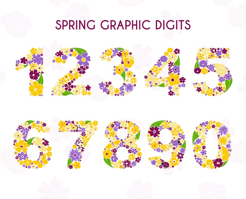 Happy Yellow Flourishes Digital Numbers. Spring 0-9 Digits With Flowers ...