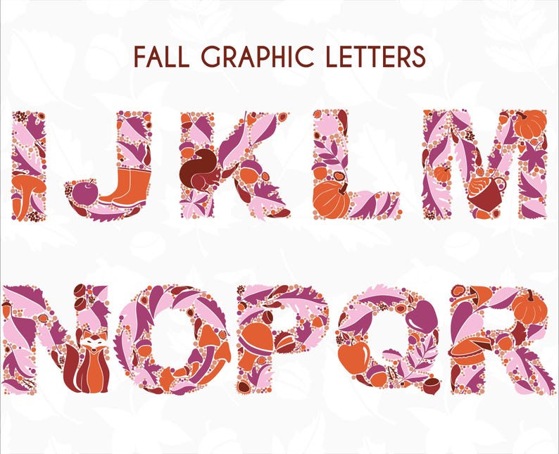 Fall Leaves Alphabet PNG Clip Art. SVG Files of Purple, Red and Pink ...