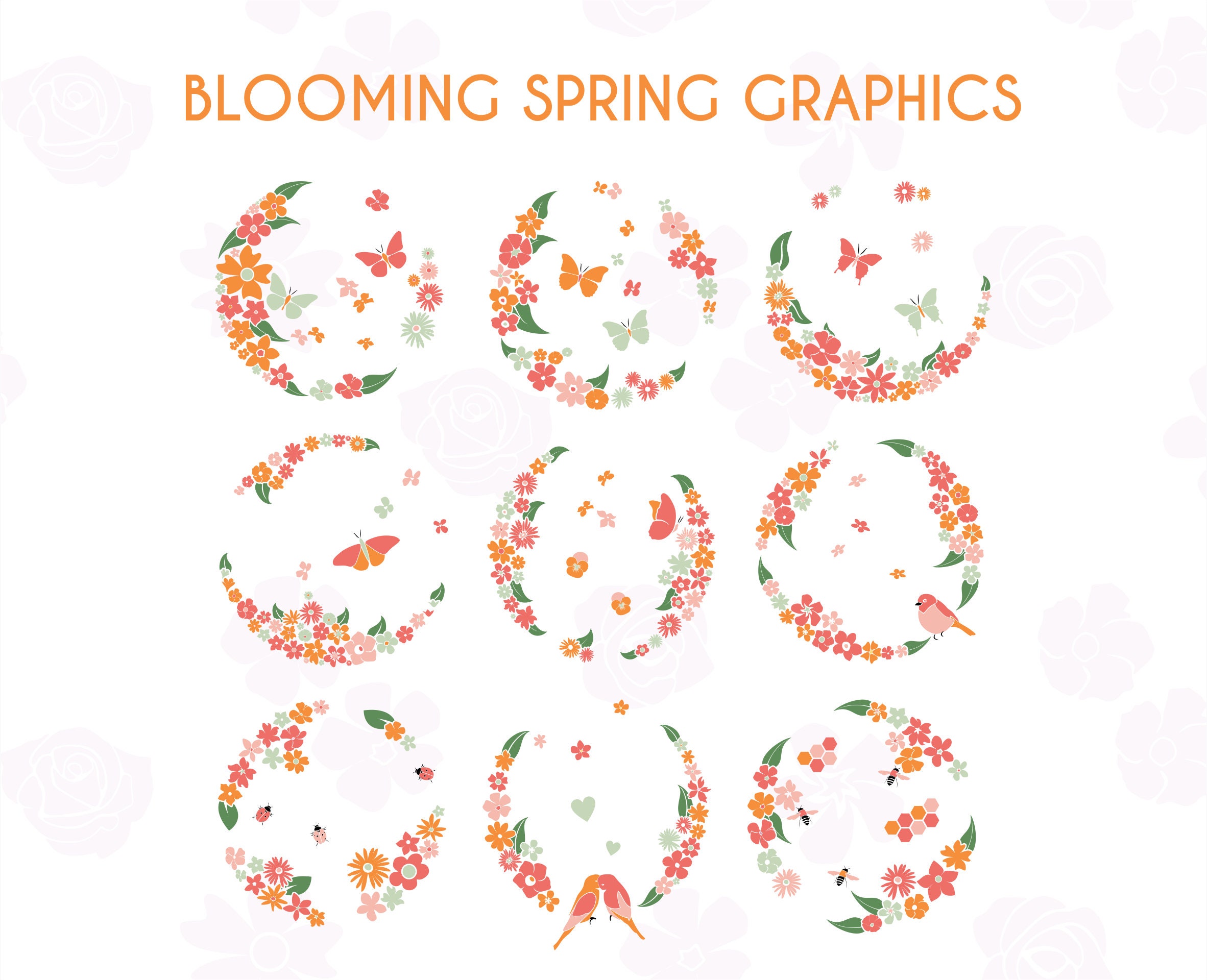 Spring Elements Clipart. Flowers, Bees, and Butterflies Graphic Circles ...