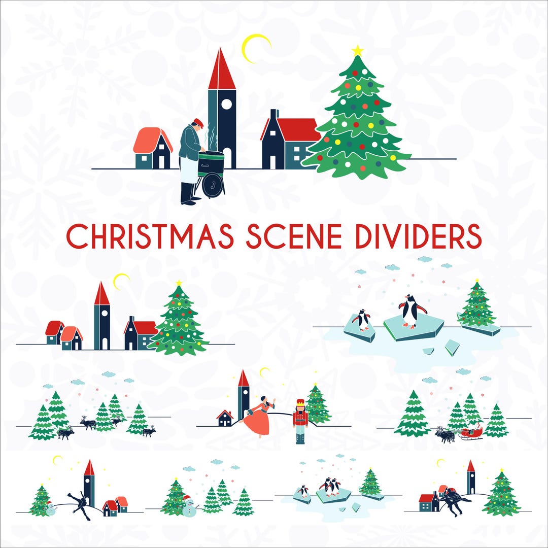 Cute Christmas Winter Scene PNG Divider Clipart. Snowflakes Holiday ...