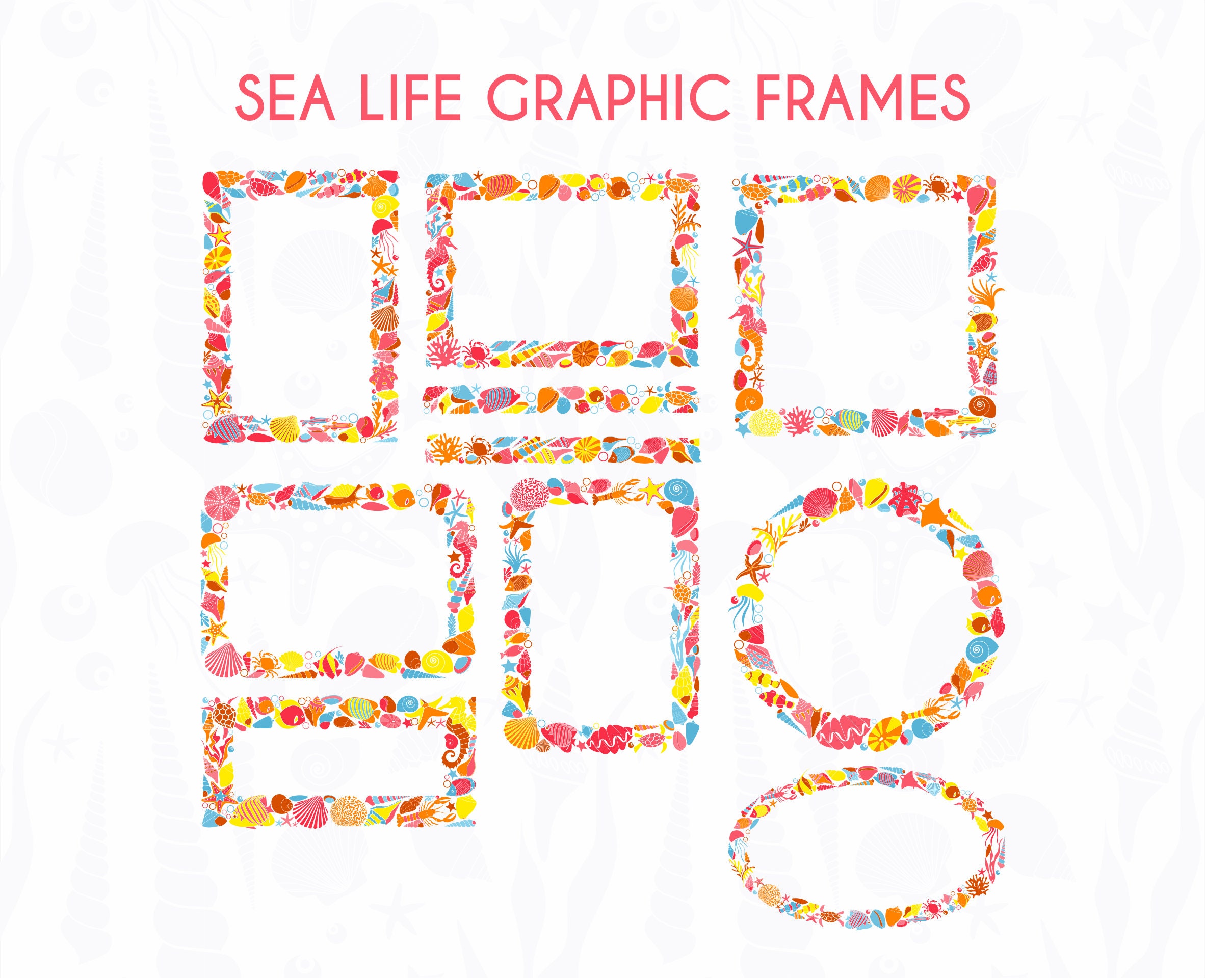 Digital Sea Shells PNG Frames. Ocean Graphic Rectangle and Oval SVG ...