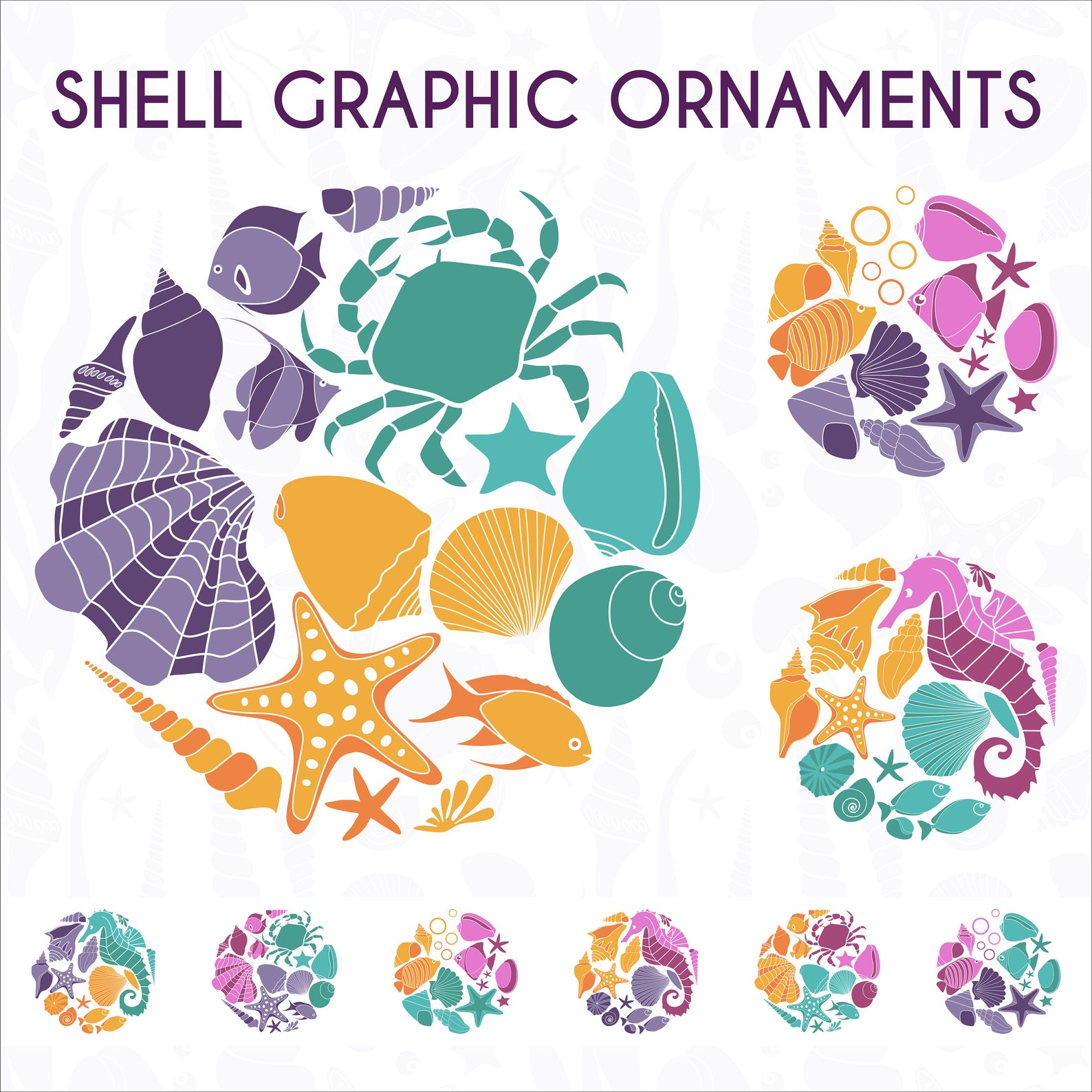 Sea Creatures Rounded Graphic Decoration. Sealife Elements Decorated ...