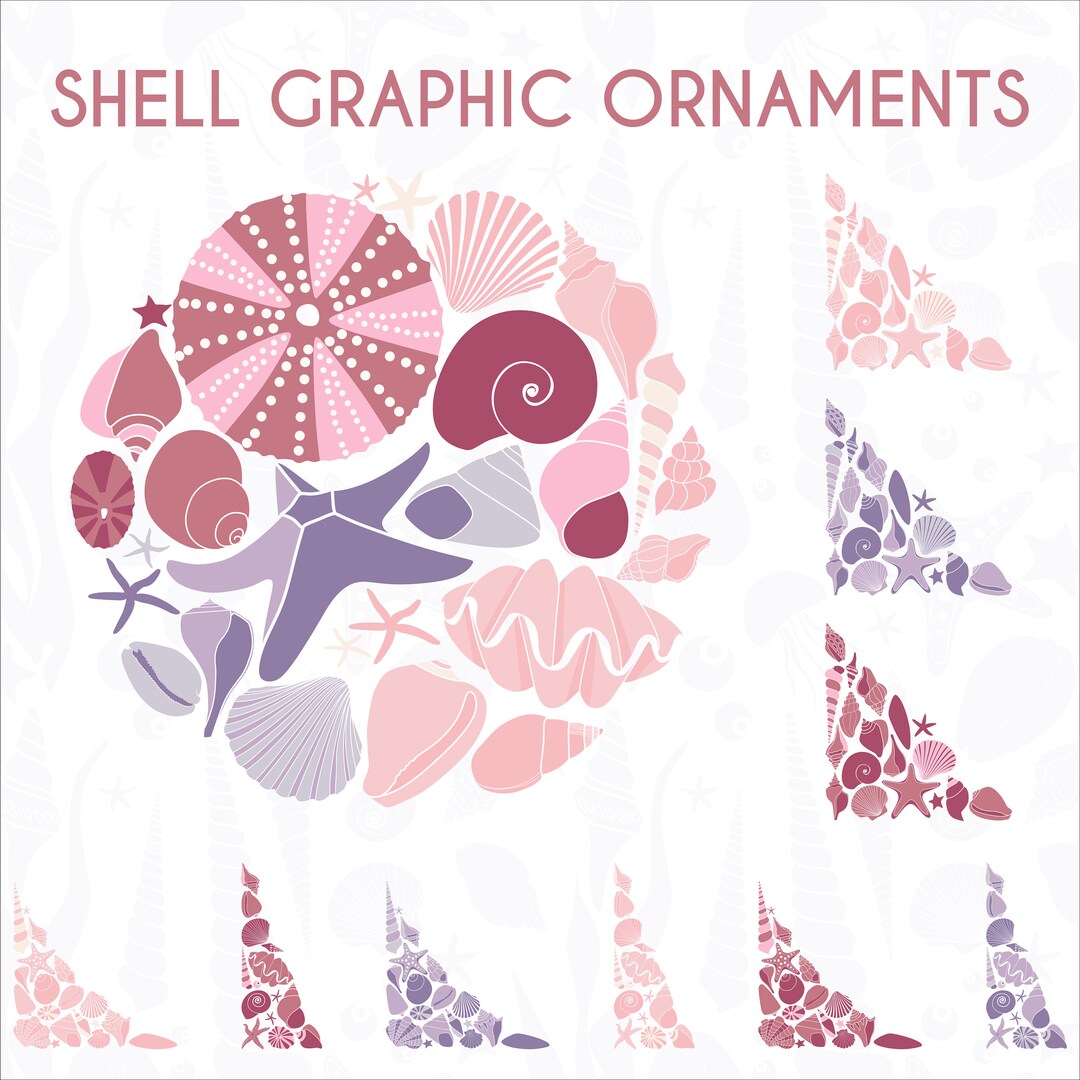 Pastel Rounded Multi-sea Shells and Creatures Clipart Decorations. Pink ...