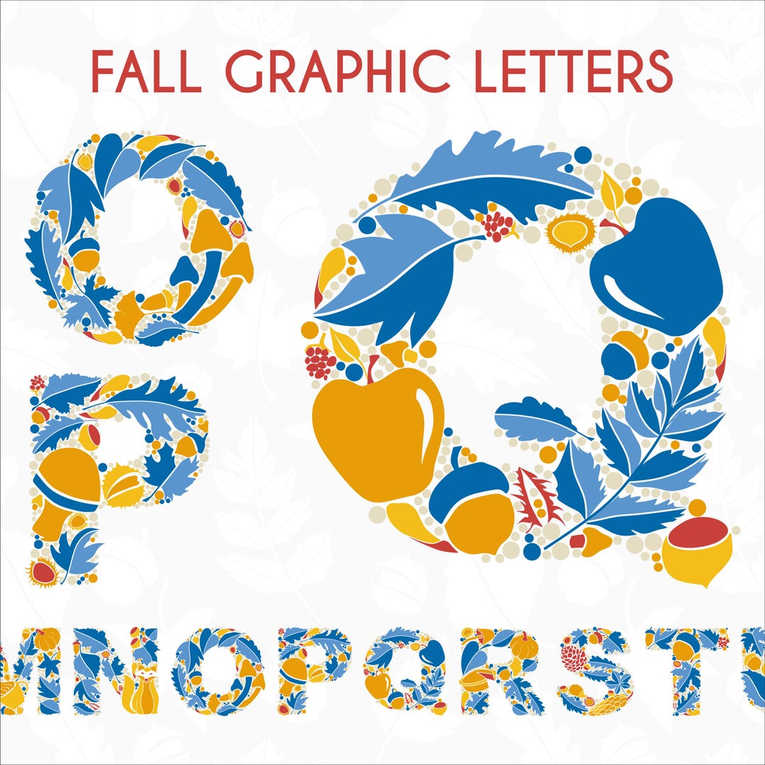 Fall Fonts Graphic SVG Clip Art. Autumn Red, Yellow, Blue Alphabet PNG ...