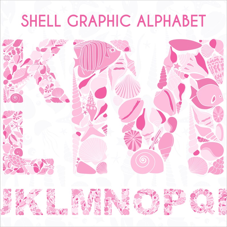 Seashell Clip Art Pink Alphabet. Cute Girls Sealife Digital Fonts ...