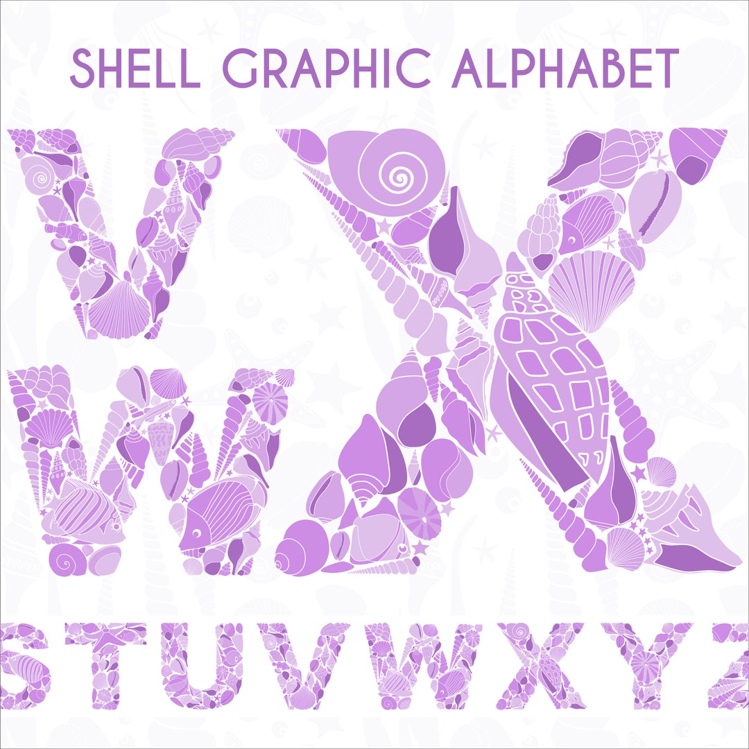 Pink Sea Shell Digital Alphabet Letters. Purple Ocean PNG Upper Case ...