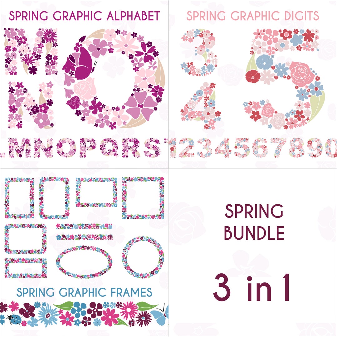 Spring Clipart Set Decoration. Floral Frames, Alphabet, and Digits ...