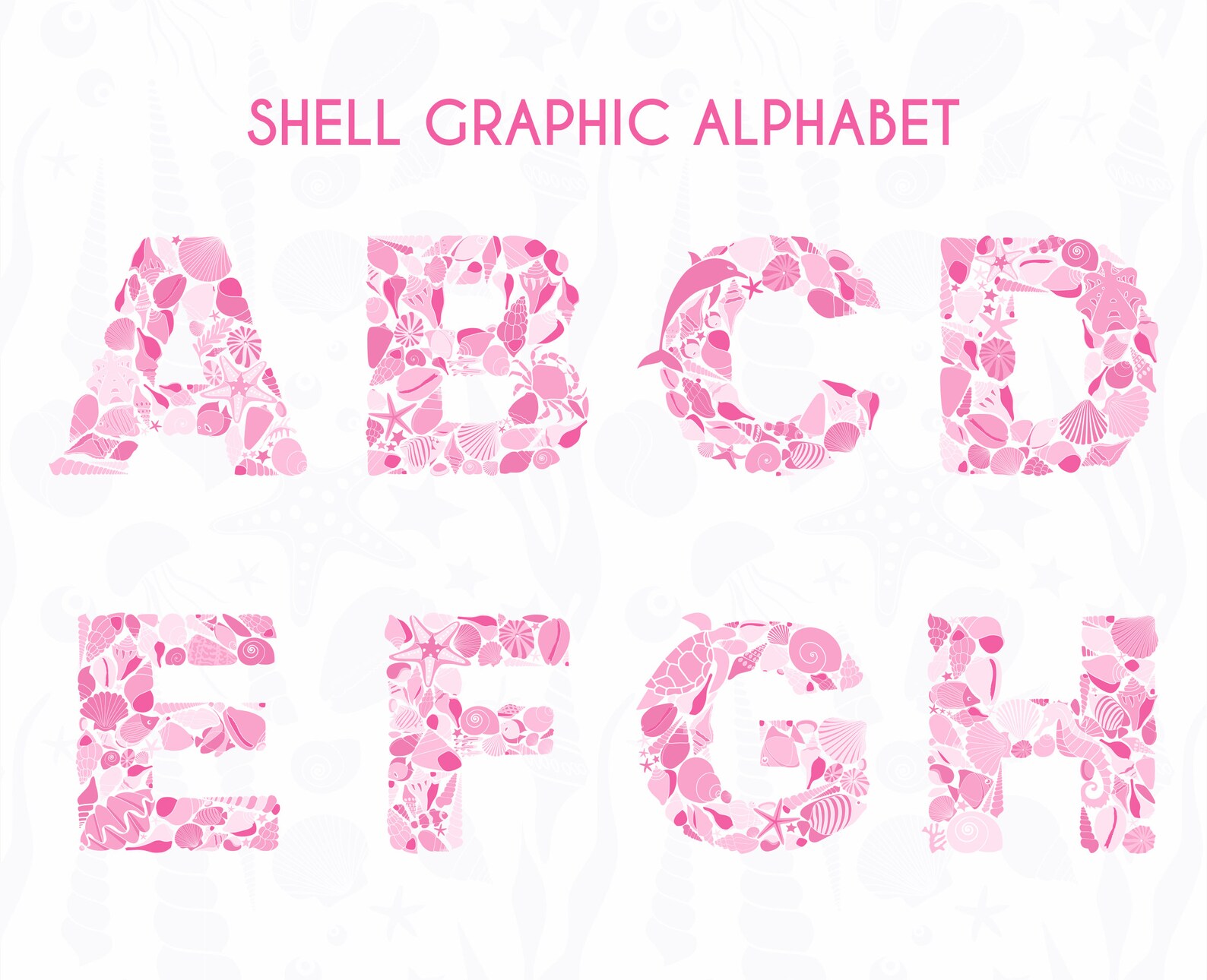 Seashell Clip Art Pink Alphabet. Cute Girls Sealife Digital Fonts ...