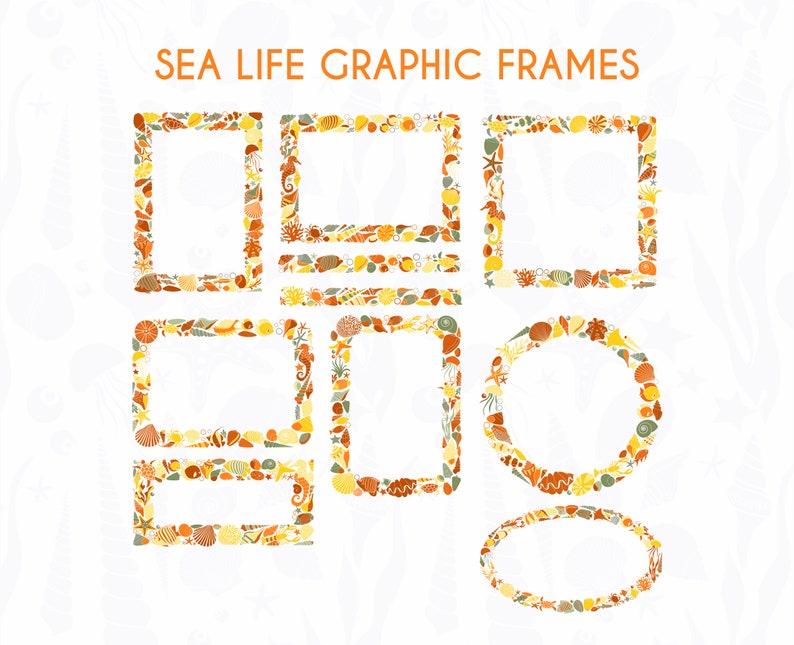 Sea-themed Decorative Page Digital Frames. Shells and Sea Creatures ...