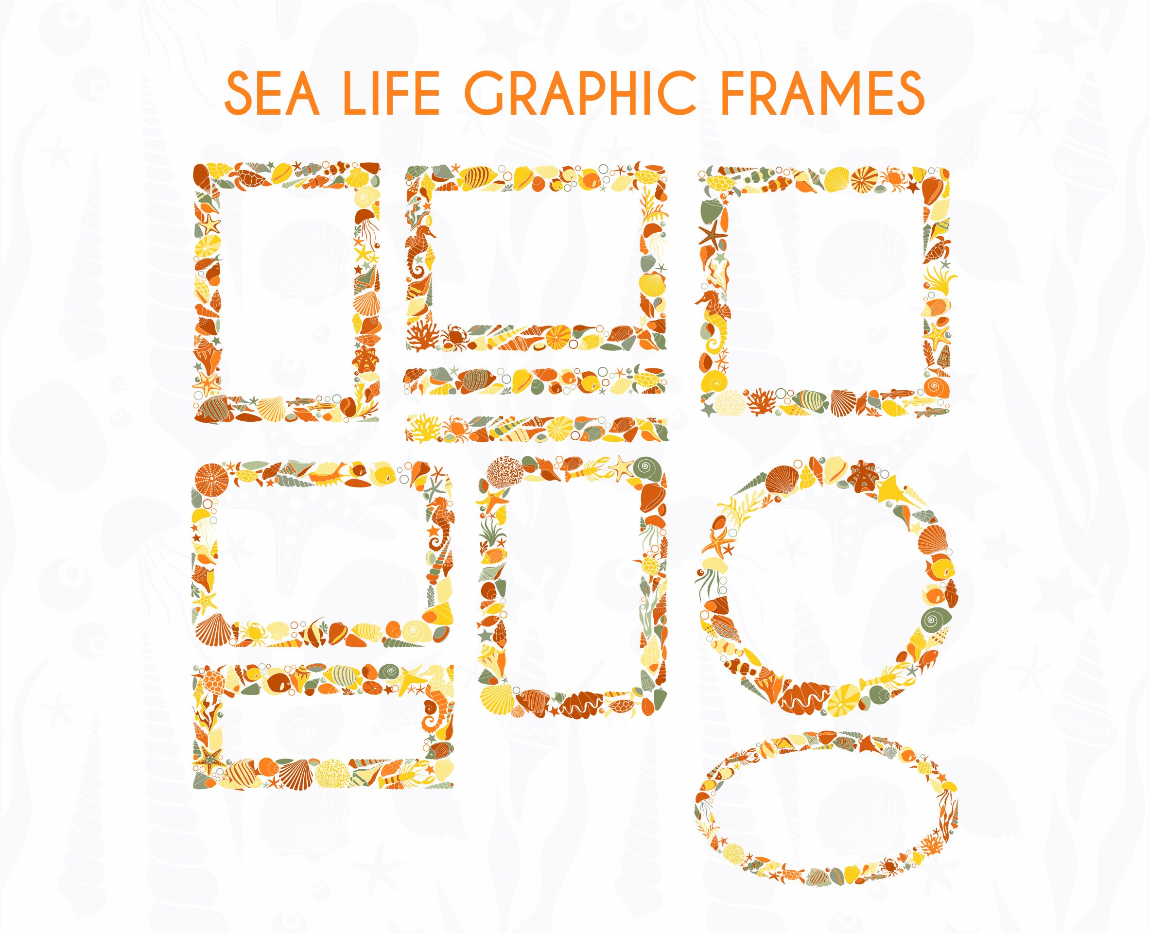 Sea-themed Decorative Page Digital Frames. Shells and Sea Creatures ...