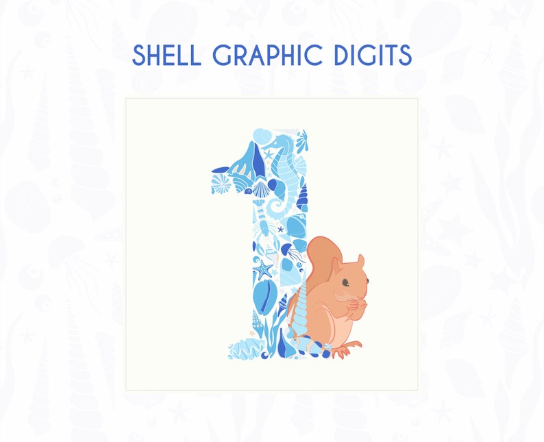 Boy's Blue Ocean Digital Numbers. Summer 0-9 Digits With Shells and Sea ...