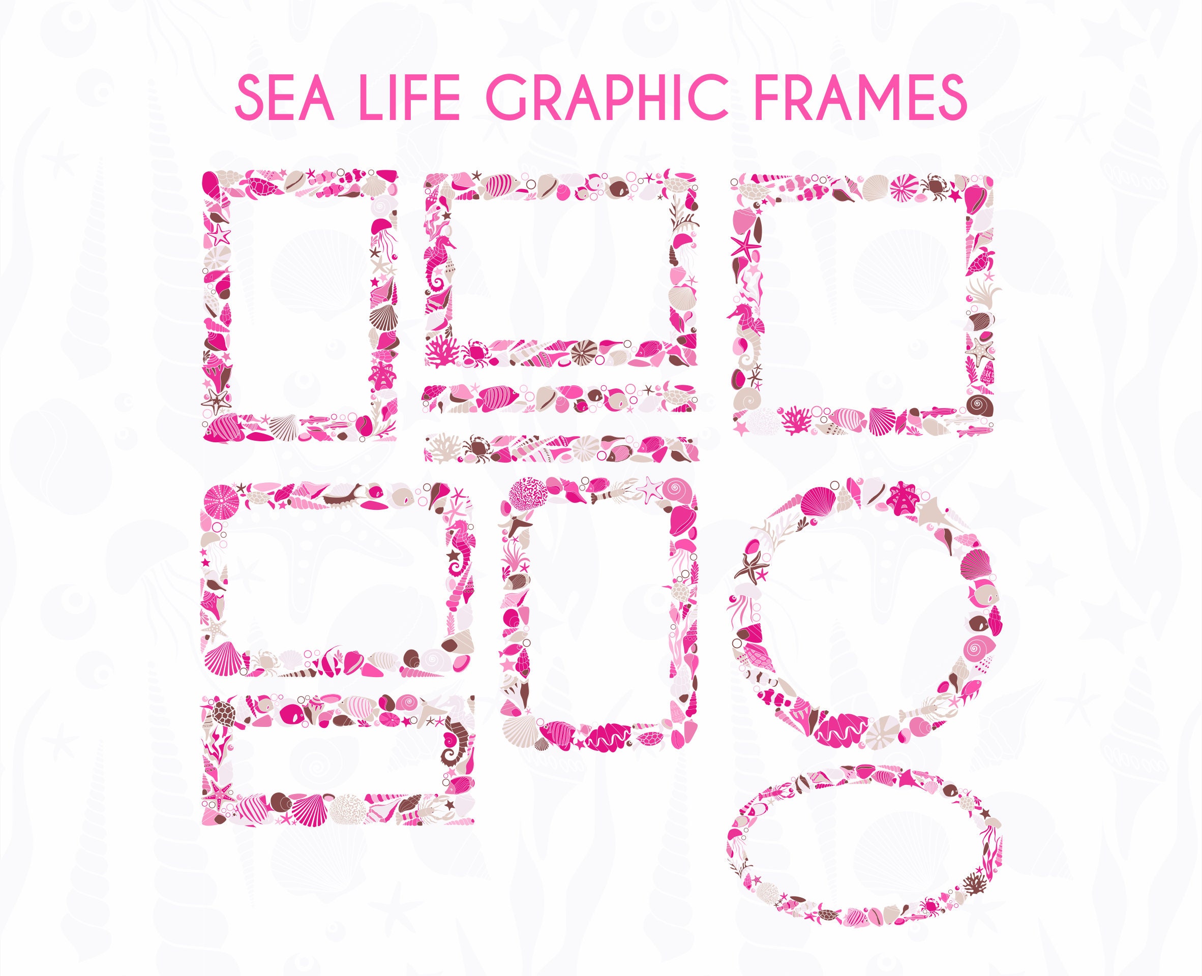 Pink Sea Life Elements Photo's Graphic Frames. Decorative Colorful ...