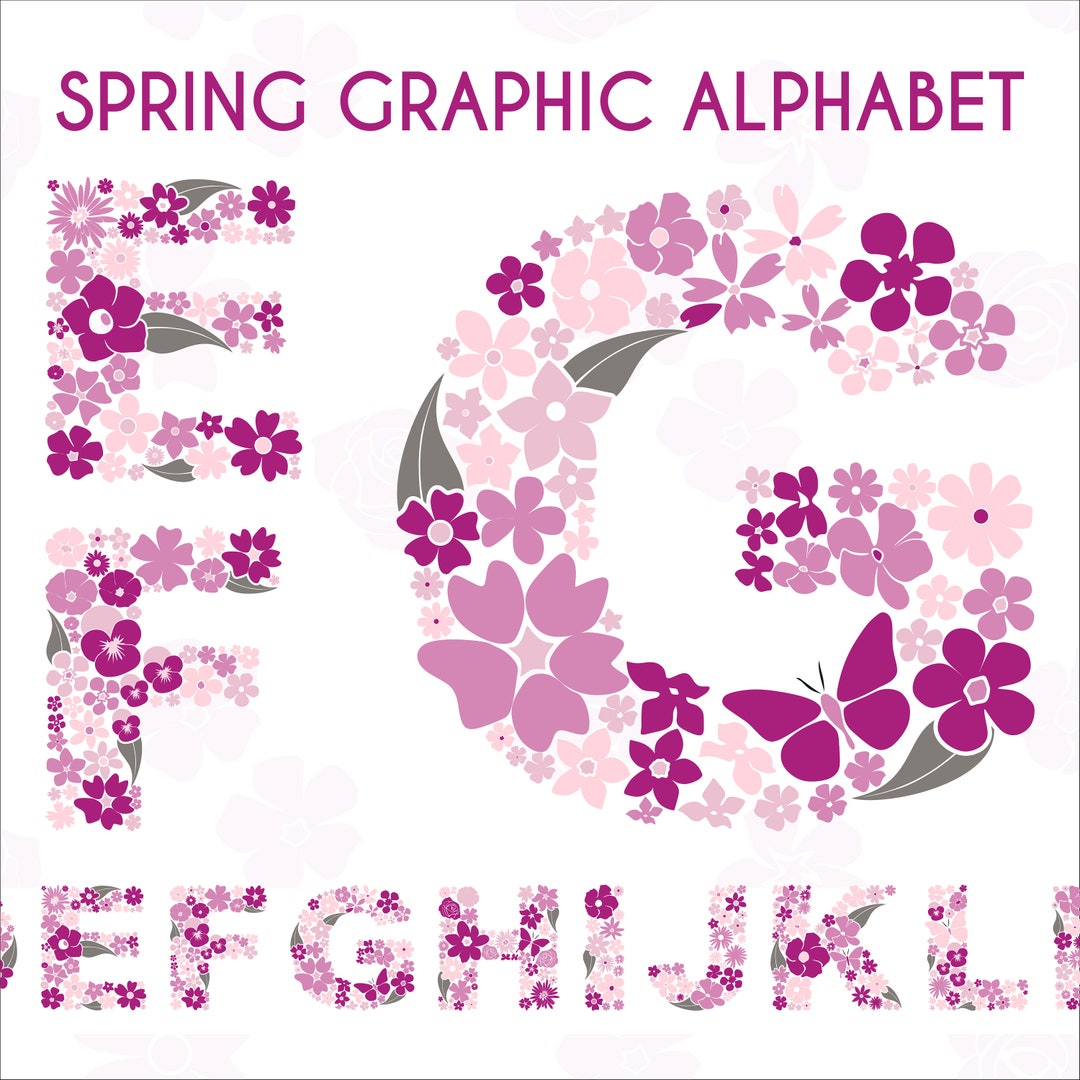 Floral Girl's Pastel Digital Alphabet Set. Pink and Purple Spring PNG ...