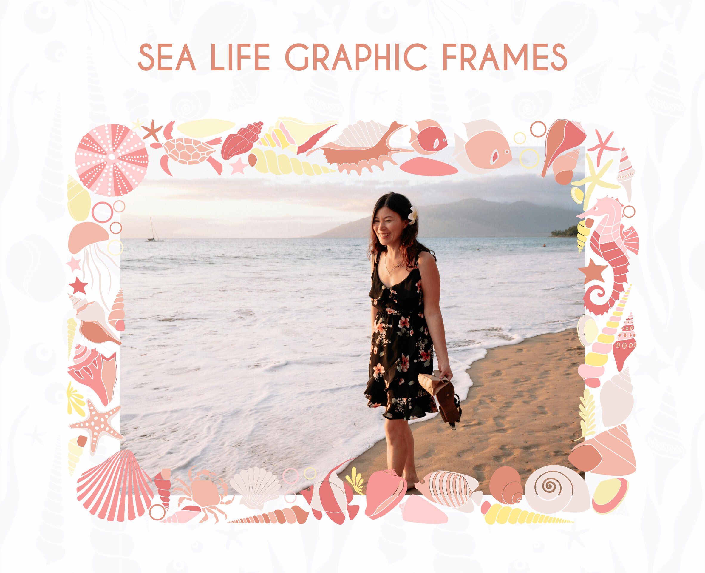 Sea-themed Decorative Page Digital Frames. Shells and Sea Creatures ...