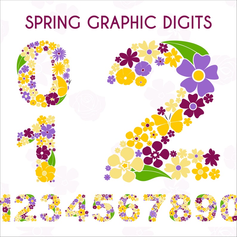 Happy Yellow Flourishes Digital Numbers. Spring 0-9 Digits With Flowers ...