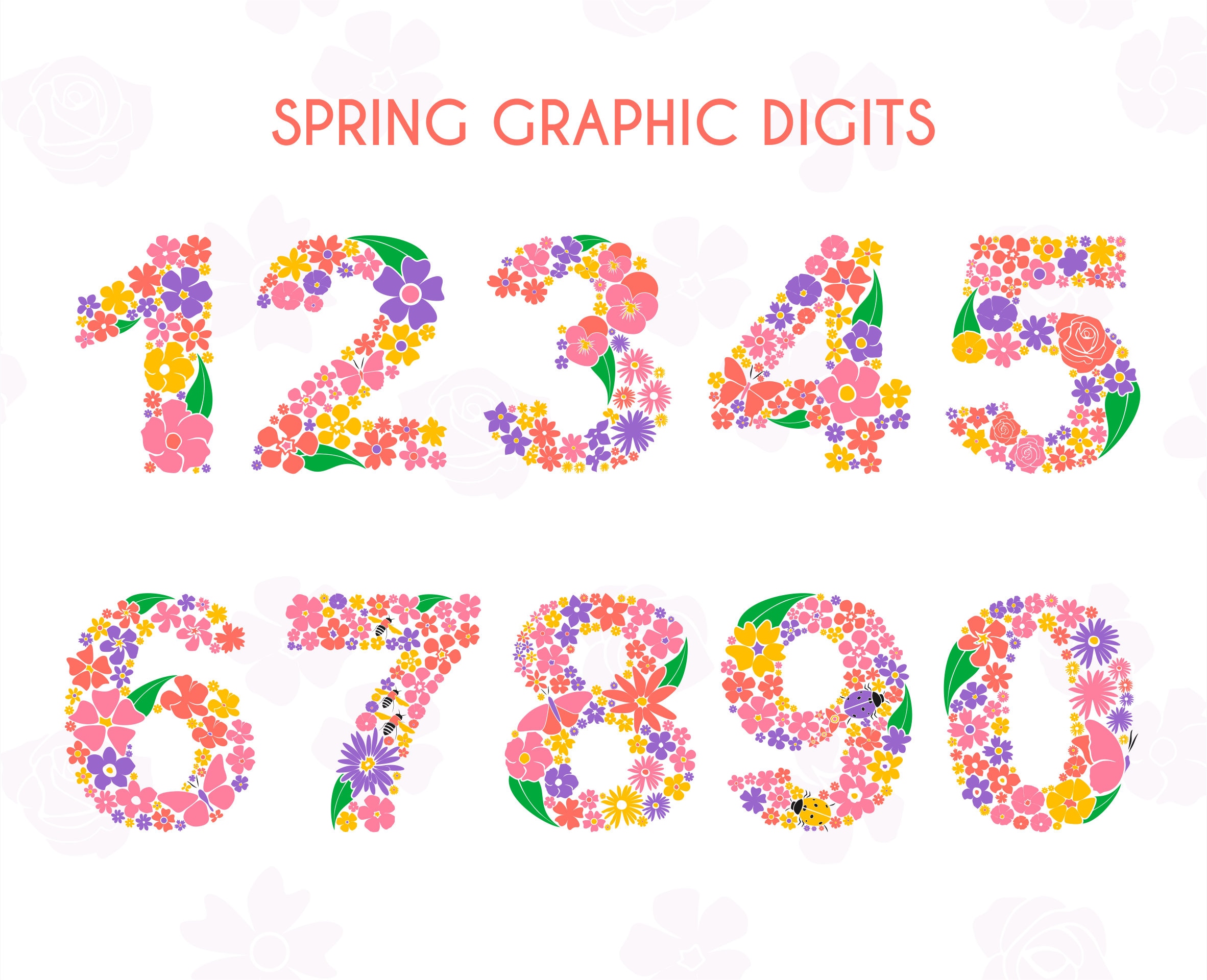 Spring Festive Colorful PNG Blooming Numbers. Flourish Unique Digital ...
