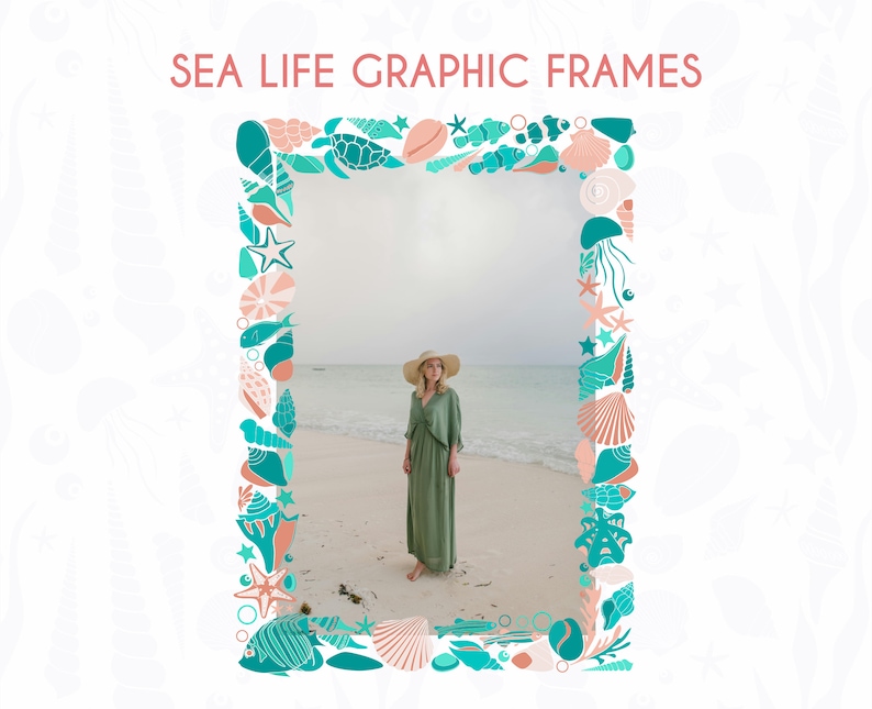 Sea-themed Decorative Page Digital Frames. Shells and Sea Creatures ...