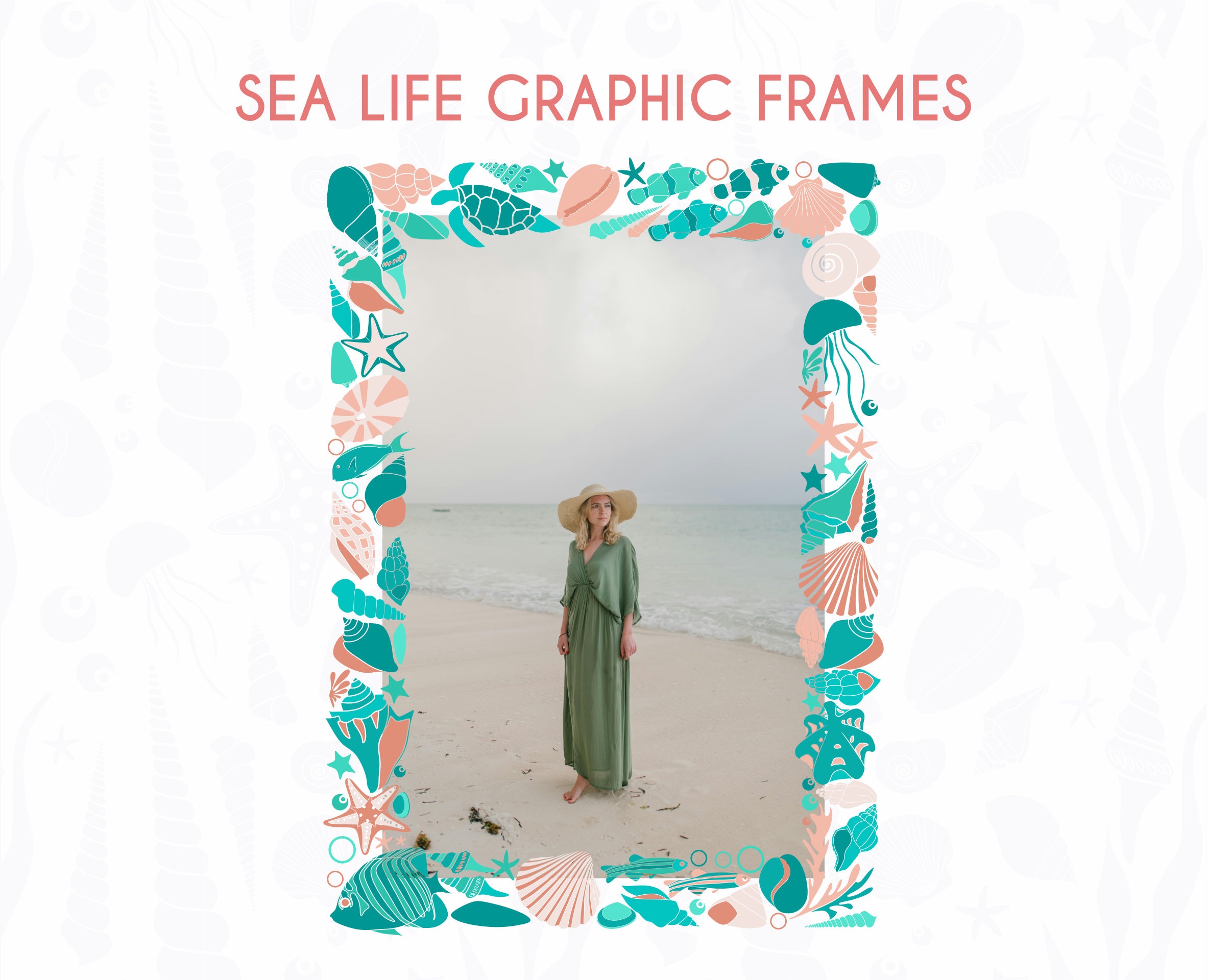 Sea-themed Decorative Page Digital Frames. Shells and Sea Creatures ...