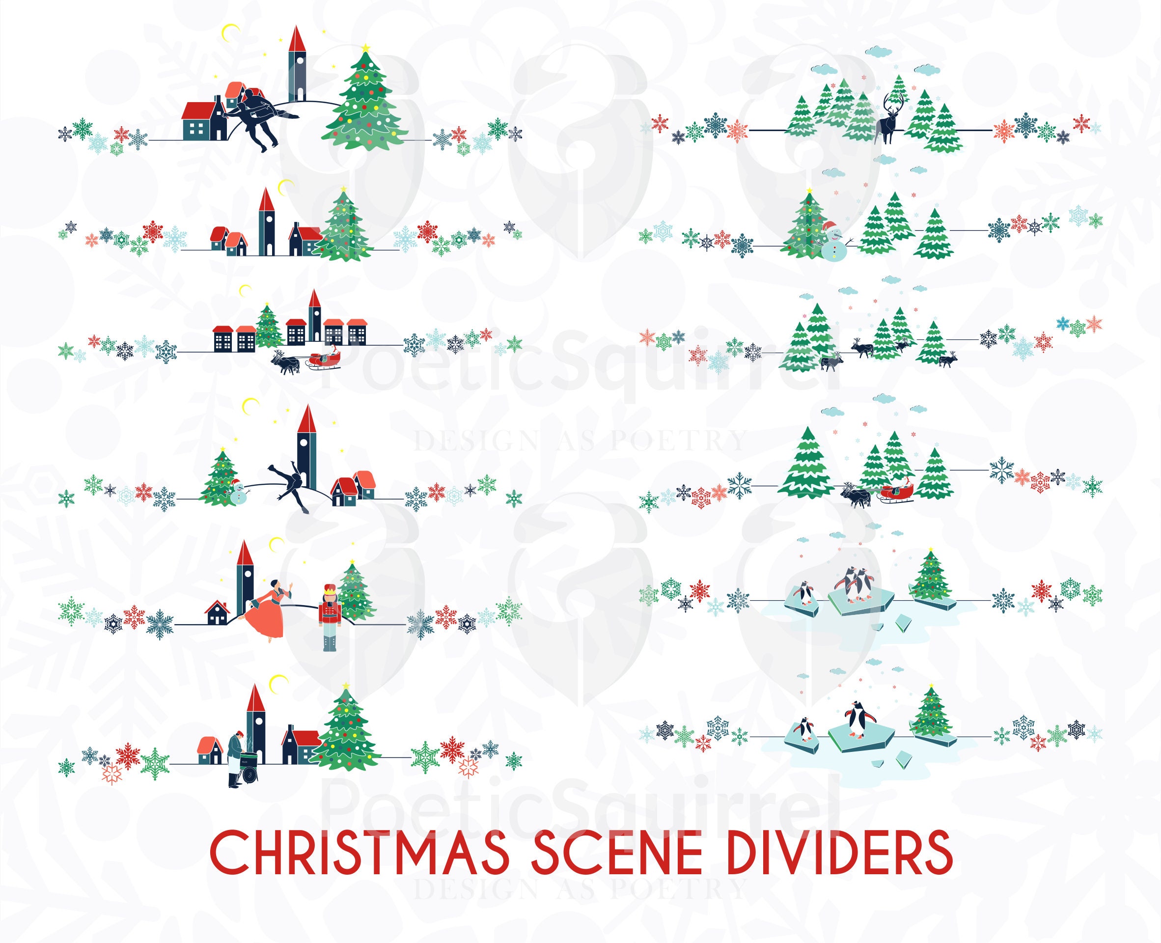 Cute Christmas Winter Scene PNG Divider Clipart. Snowflakes Holiday ...