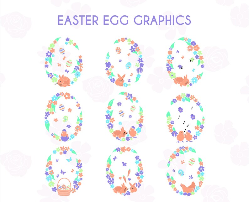 Colorful, Spring Flowers, Bunnies, and Easter Symbols Clipart. Floral ...