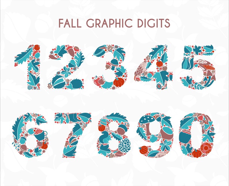 Autumn Themed Clip Art Decorated Numbers. Fall Digital Numeral PNG ...