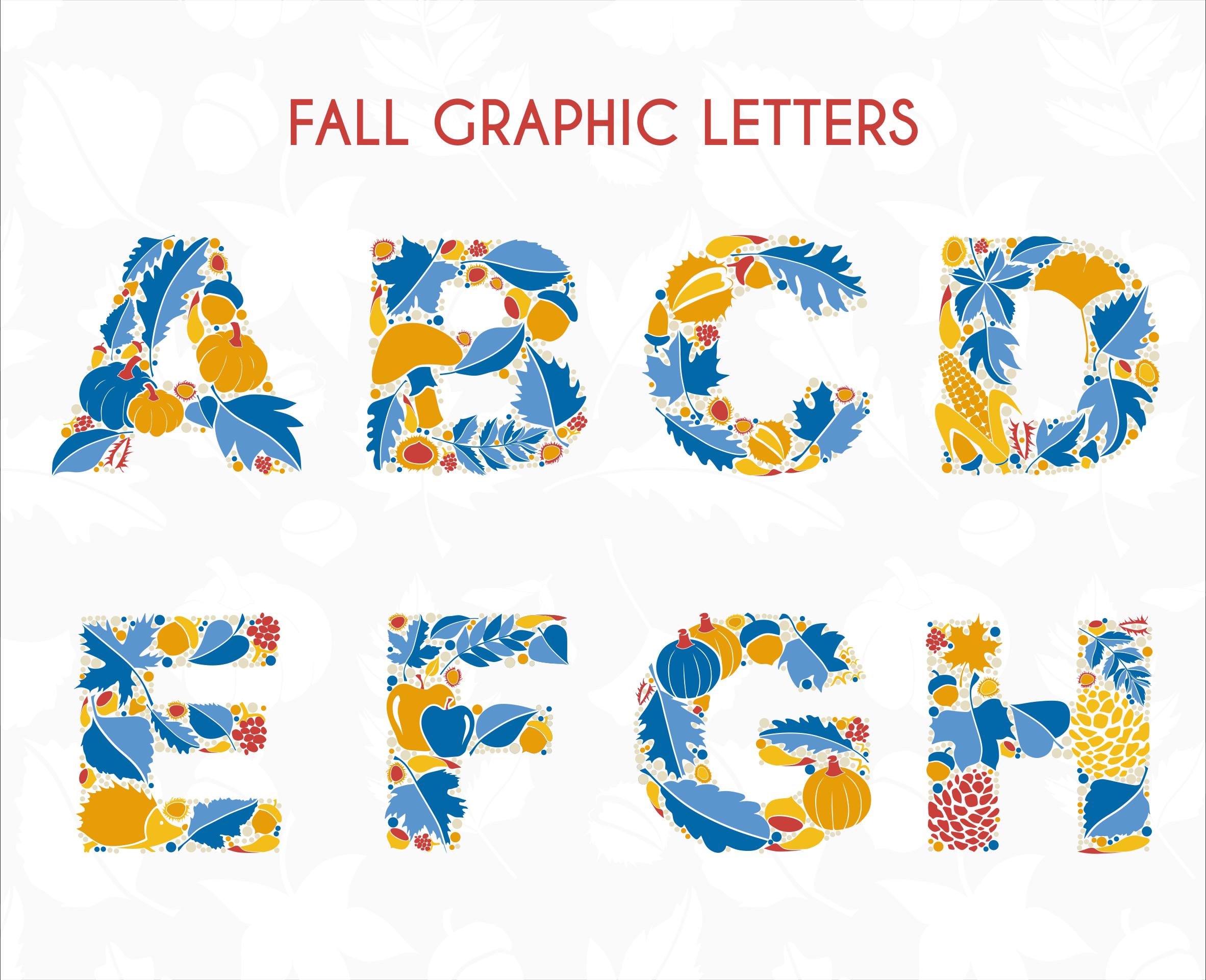 Fall Fonts Graphic SVG Clip Art. Autumn Red, Yellow, Blue Alphabet PNG ...