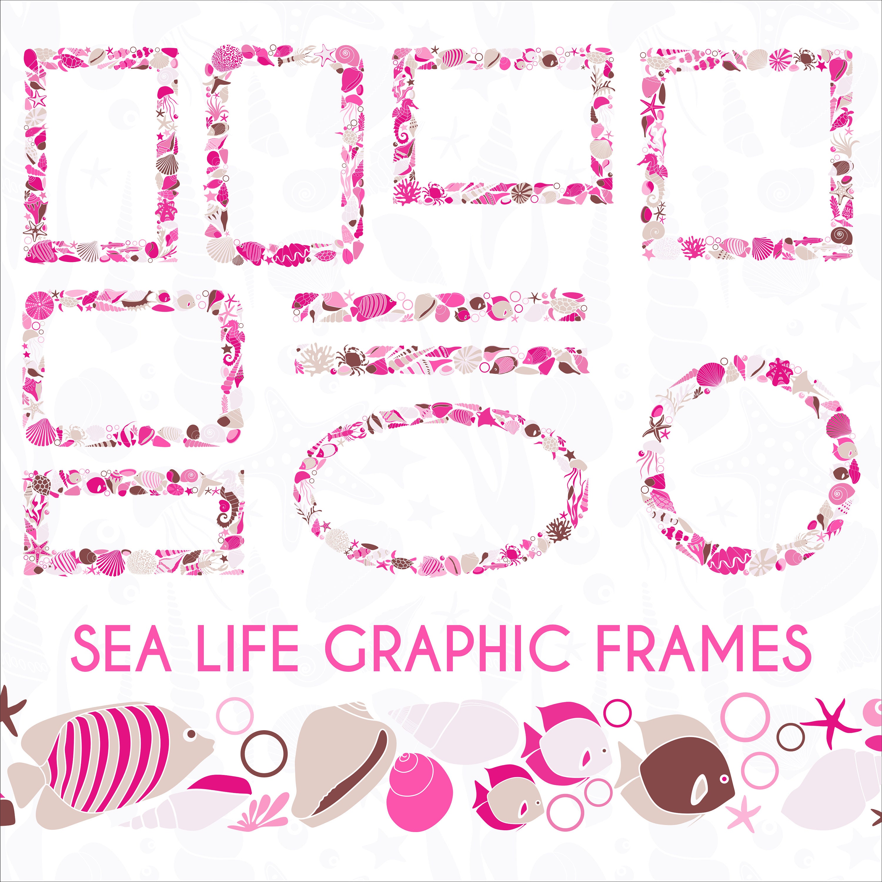 Pink Sea Life Elements Photo's Graphic Frames. Decorative Colorful ...