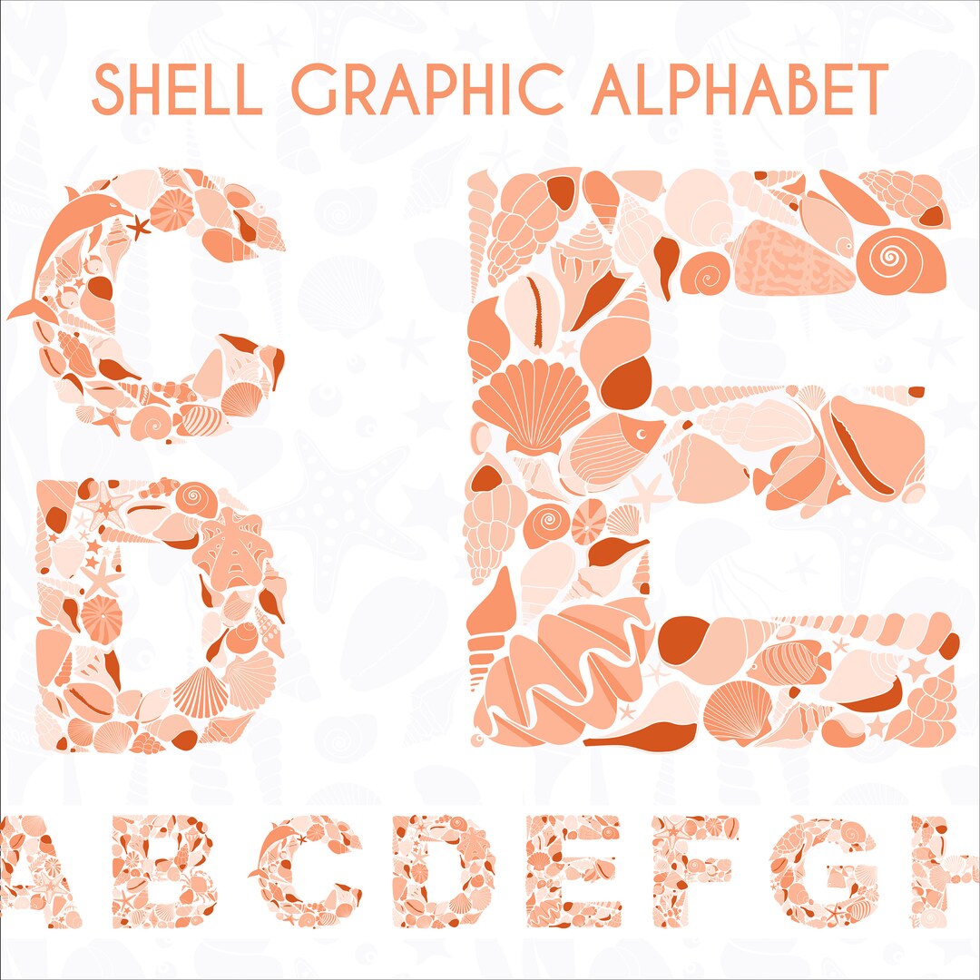 Underwater Fantasy Orange Digital Alphabet Clipart. Marine Sea Shells ...
