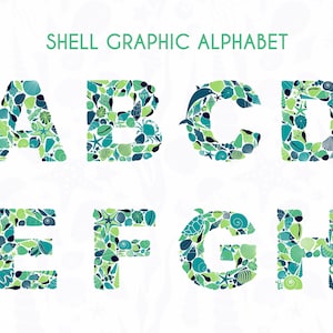 Green Ocean Clipart Alphabet Set. Shells and Sea Creatures Boy's ...