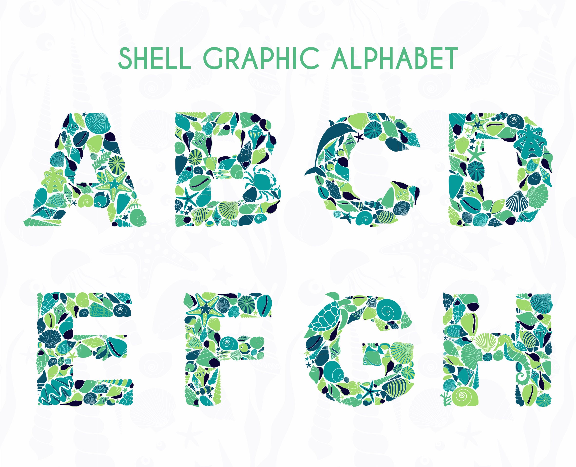 Green Ocean Clipart Alphabet Set. Shells and Sea Creatures Boy's ...