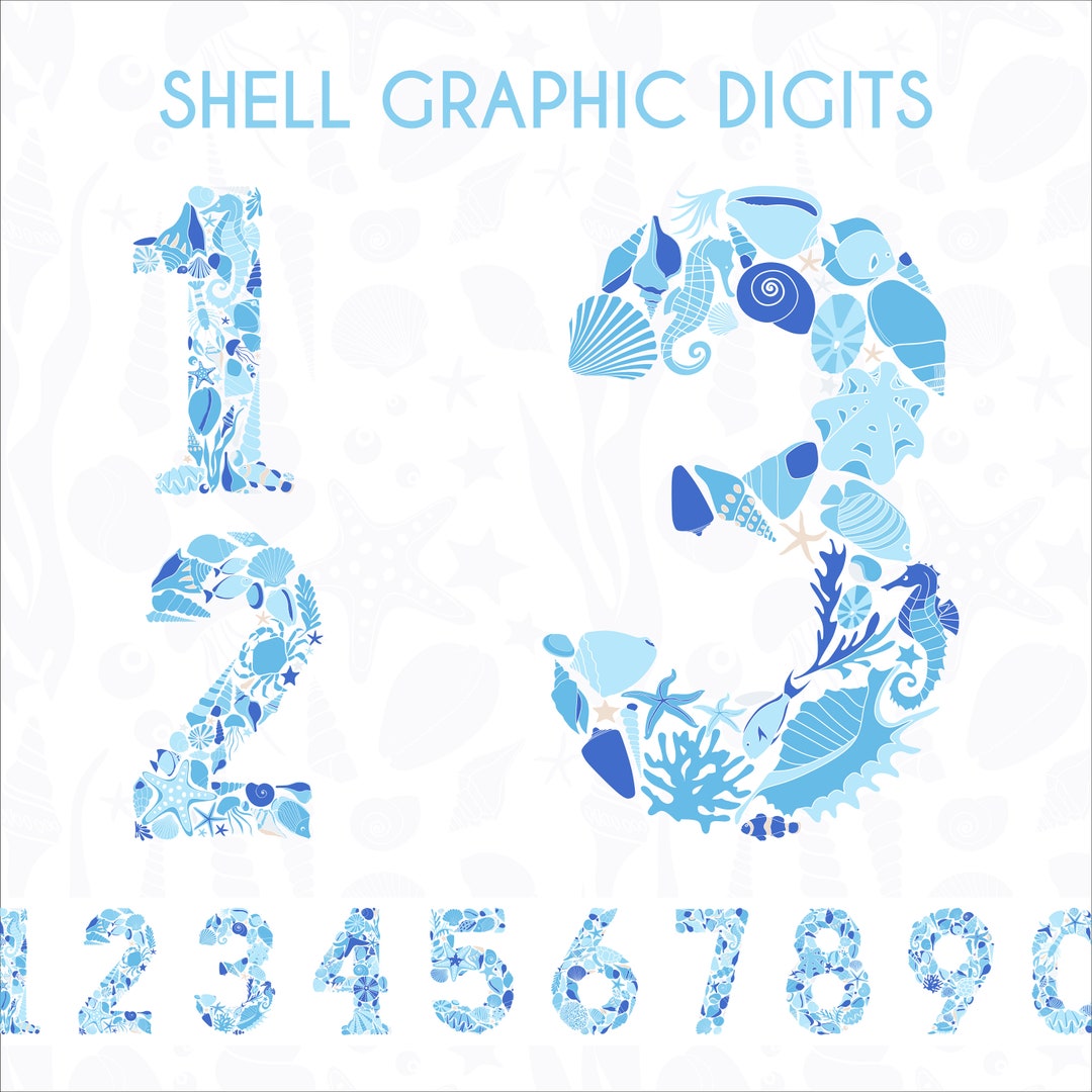 Boy's Blue Ocean Digital Numbers. Summer 0-9 Digits With Shells and Sea ...