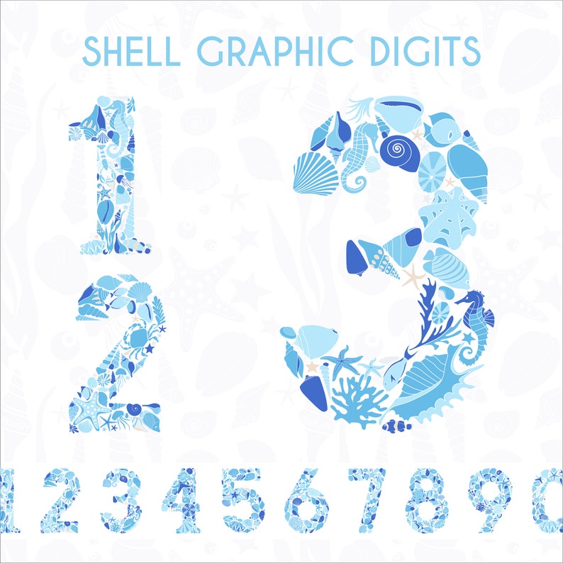 Boy's Blue Ocean Digital Numbers. Summer 0-9 Digits With Shells and Sea ...