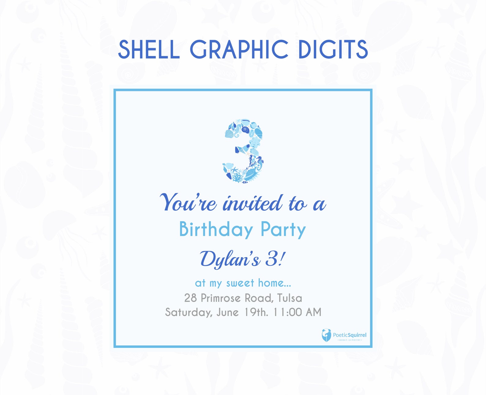 Boy's Blue Ocean Digital Numbers. Summer 0-9 Digits With Shells and Sea ...