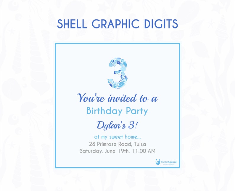 Boy's Blue Ocean Digital Numbers. Summer 0-9 Digits With Shells and Sea ...