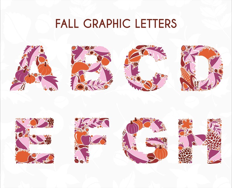 Fall Leaves Alphabet PNG Clip Art. SVG Files of Purple, Red and Pink ...
